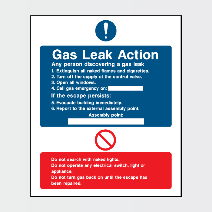 Fire Action Notice Gas Leak Action sign - The Safety Sign Shop