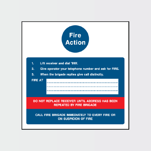 Fire Action Lift receiver and dial 999 sign - The Safety Sign Shop