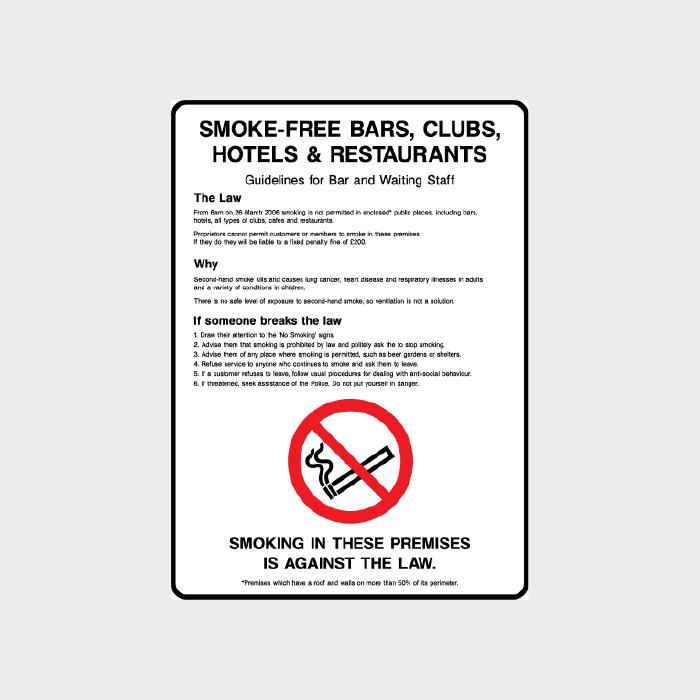 Smoke free bars, clubs, hotels and restaurants Sign - The Safety Sign